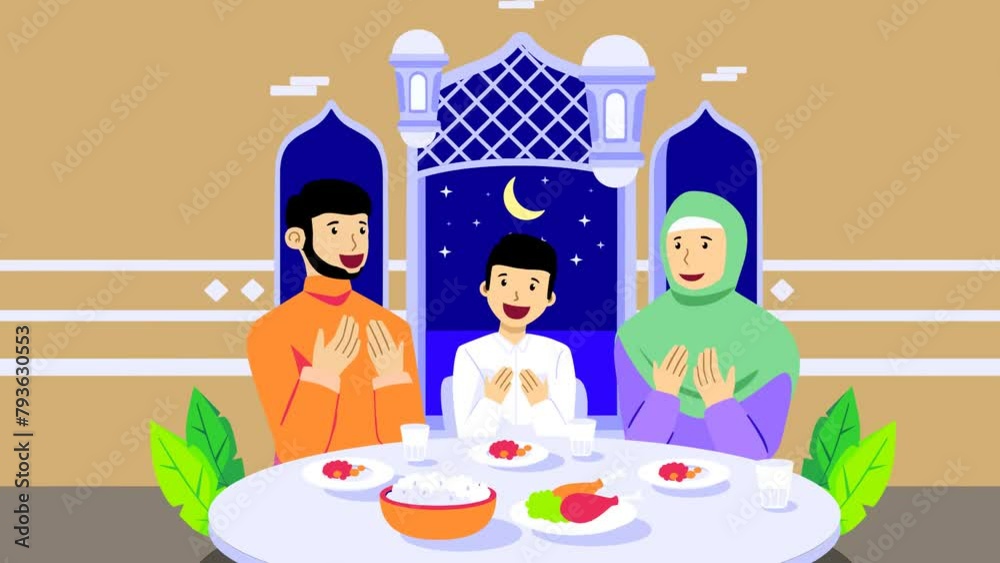 2d animated cartoon Muslim family of man, woman and child praying at ...