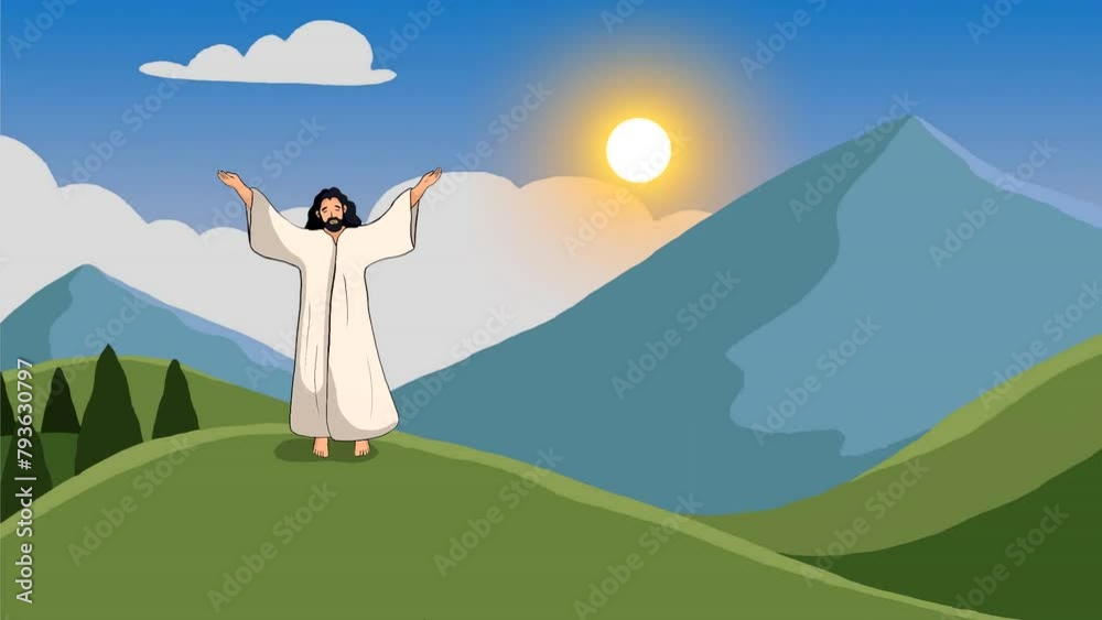 2d animated cartoon character of a holy and pure man who raises his ...