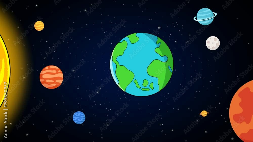 2d animated cartoon a complete scene of the planet earth in the solar ...