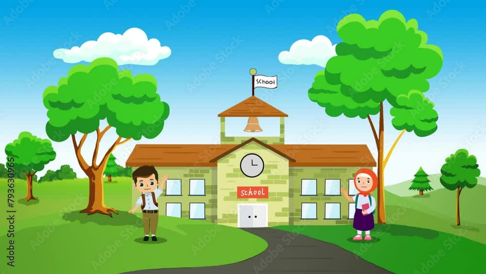 2d animated cartoon Boy and girl student characters waving hands in the ...