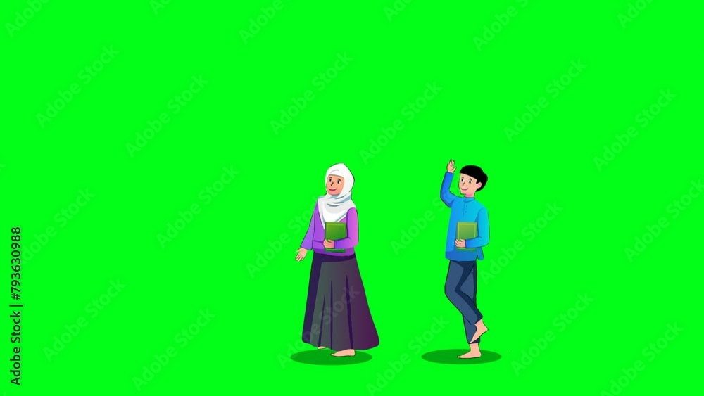 2d animated cartoon Muslim male and female characters walking from ...