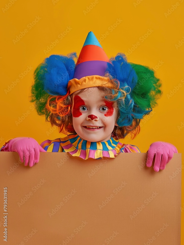 Let's celebrate! Funny kid clown hiding behind cardboard blank. Child ...