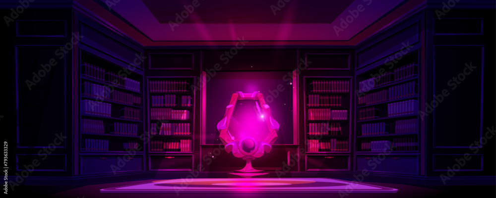 Magic mirror in library room. Fairy tale game interior background with ...