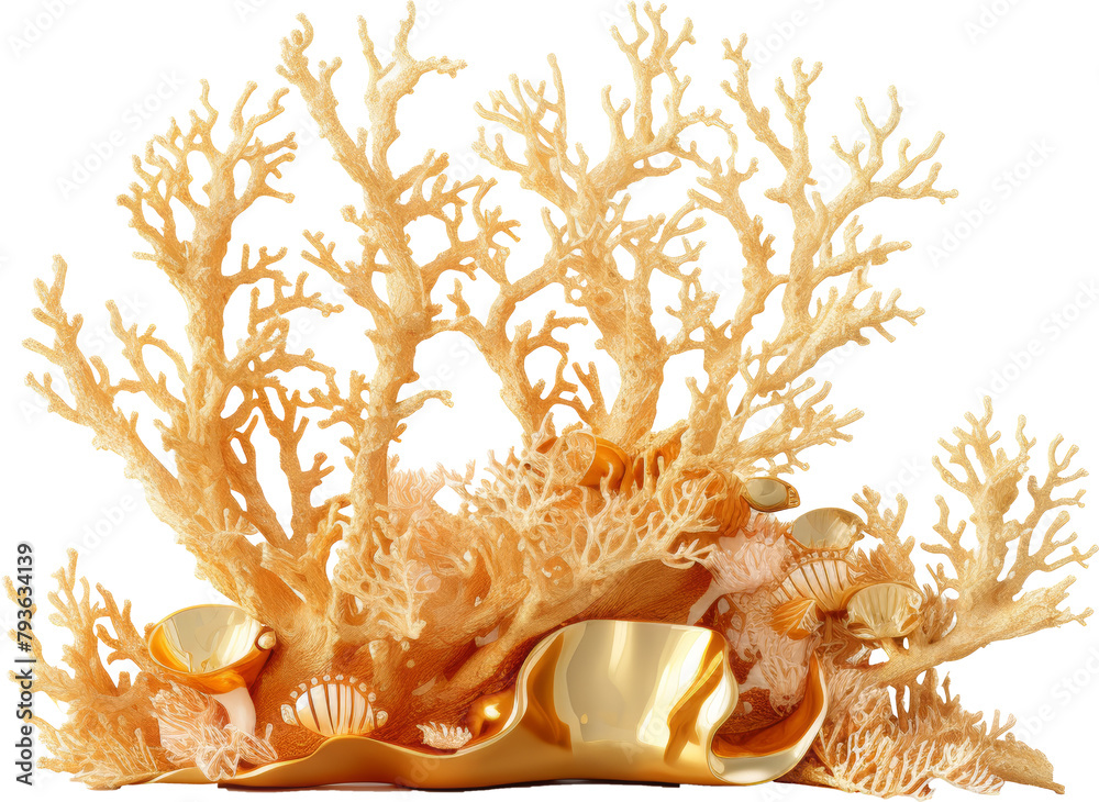 golden coral reef,coral reef made of gold isolated on white or ...