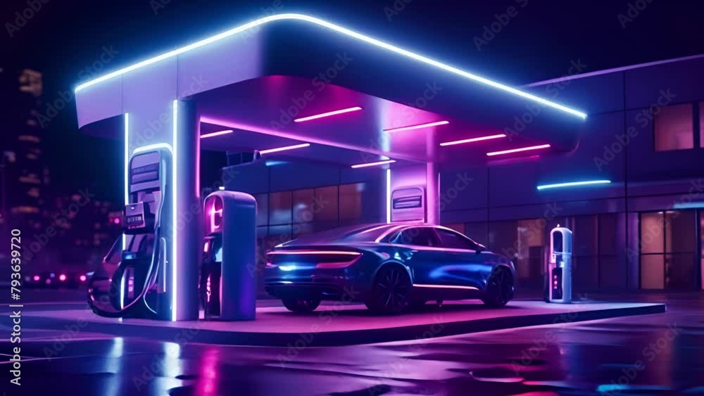 Futuristic electric car at charging station. Electric vehicle plugged ...