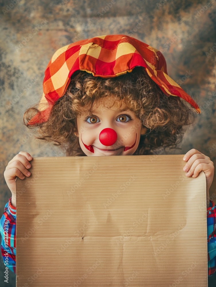 Let's celebrate! Funny kid clown hiding behind cardboard blank. Child ...