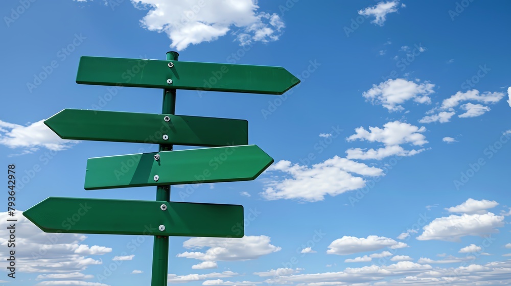 empty green road sign pointing in multiple directions, representing the ...