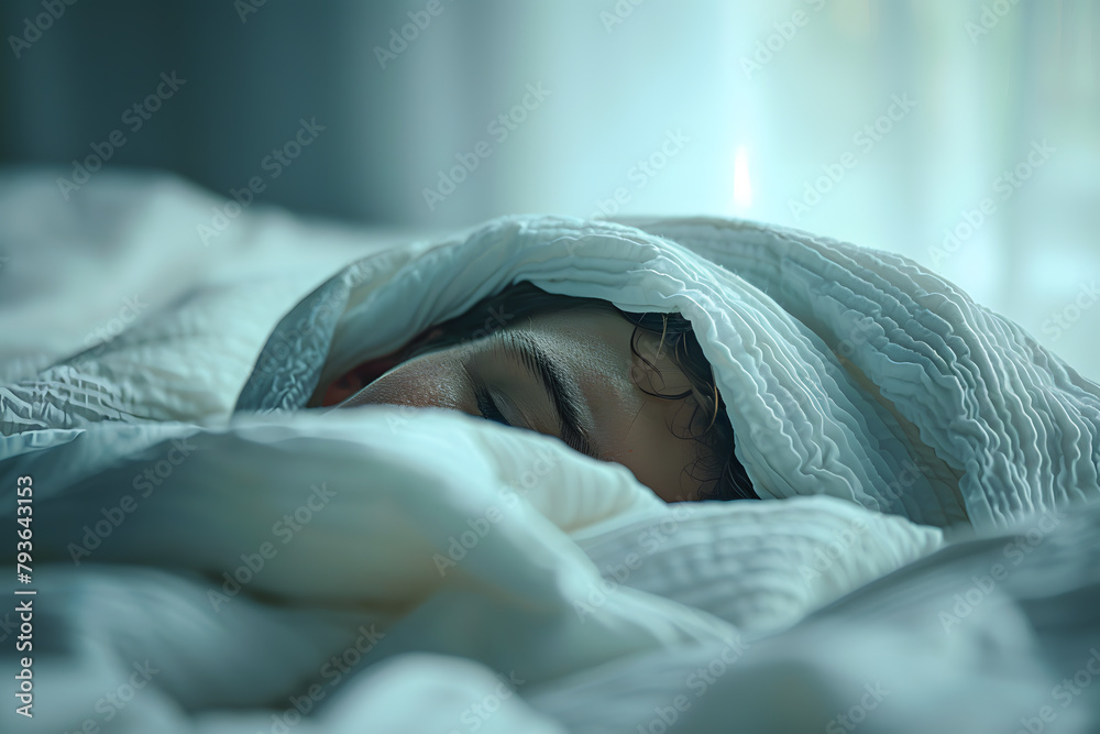 Comfortably nestled in bed, she sleeps under soft linens and a warm ...