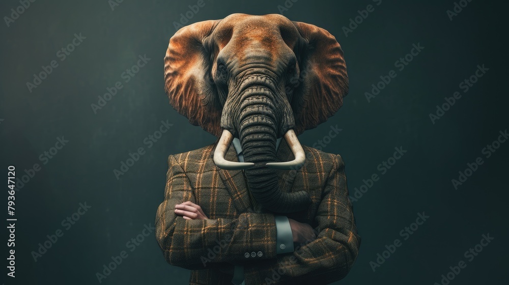 An elephant dressed in a classy suit stands as a successful leader and ...