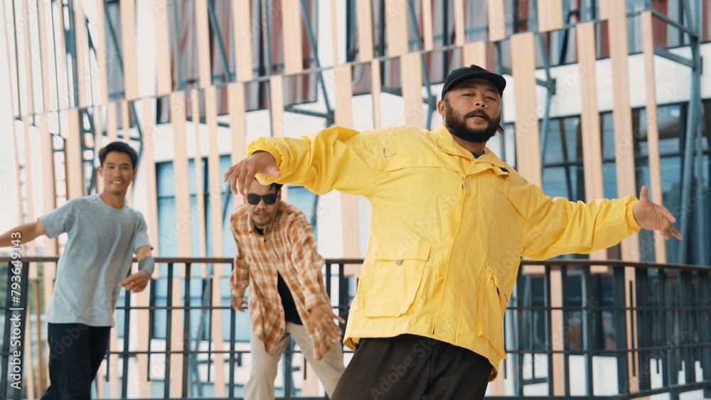 Hip hop team dance break dance while multicultural friend surrounded ...