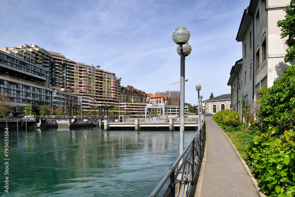 Geneva, Switzerland, Europe - Rhone river, footpath leading to ...
