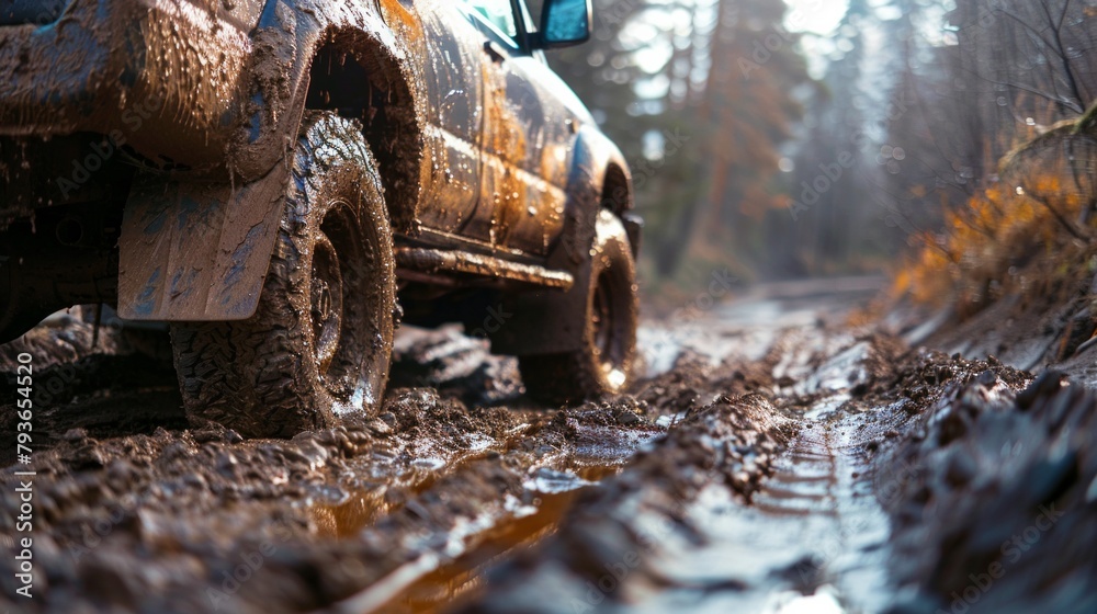 Car wheel on dirt road. Off-road tire covered with mud, dirt terrain ...