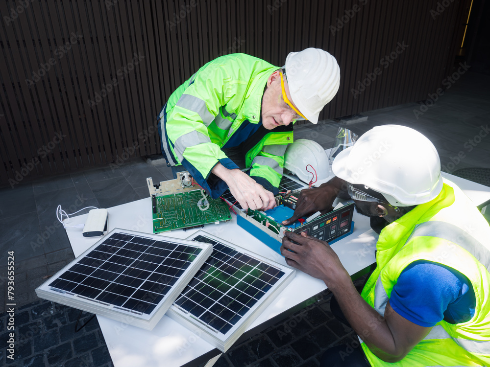 Two professional solar cell engineers wearing safety vest and hardhat ...