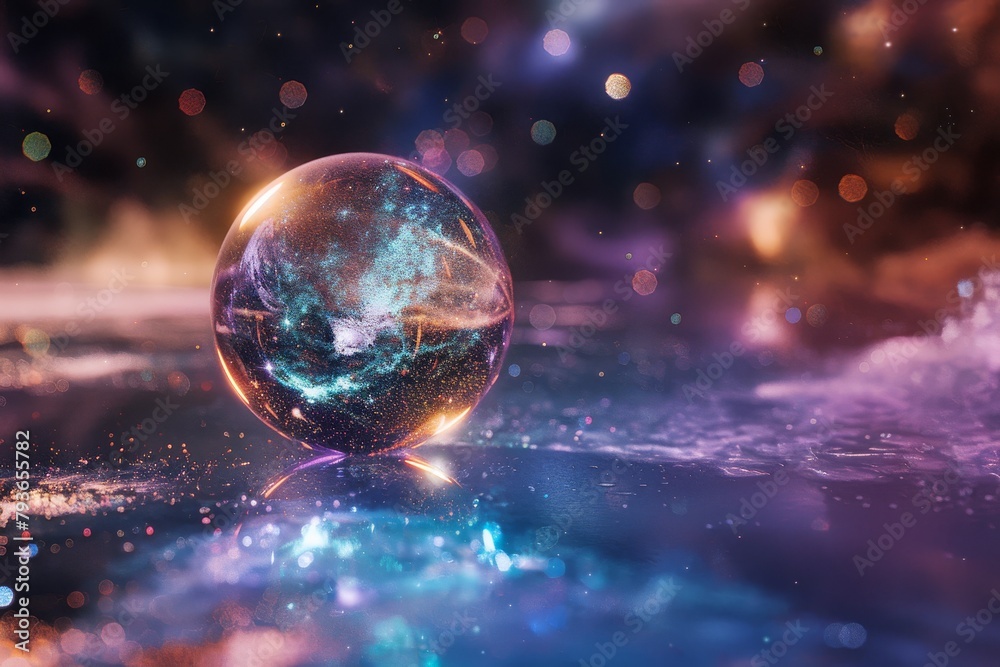 A glass sphere with a blue and purple background. The sphere is ...