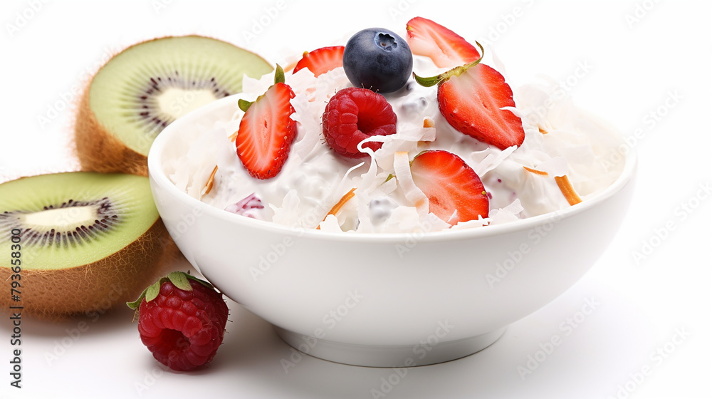 Assorted Fruit Salad with Fresh Coconuts, Presented on Various White ...