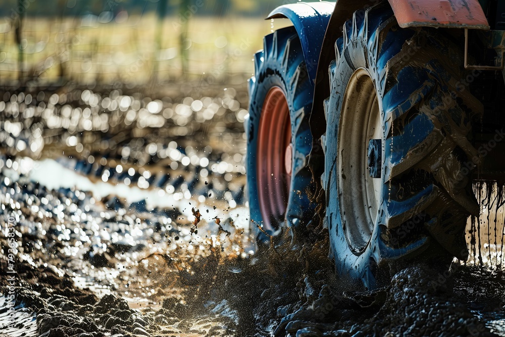 Tractor wheels splashing mud with the background showing farmland ...