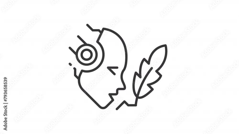 AI writes line animation. Animated robotic head and quill icon ...