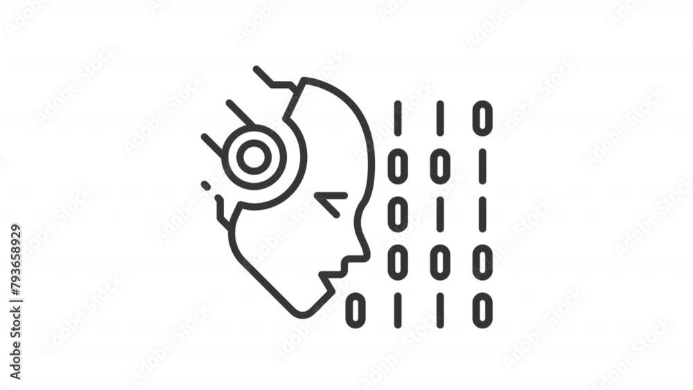 AI codes line animation. Animated robotic head and binary digits icon ...
