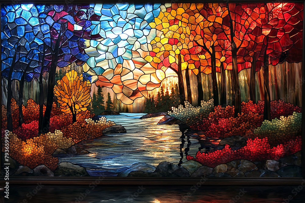 stained glass artworks depicting scenes from specific seasons, such as ...