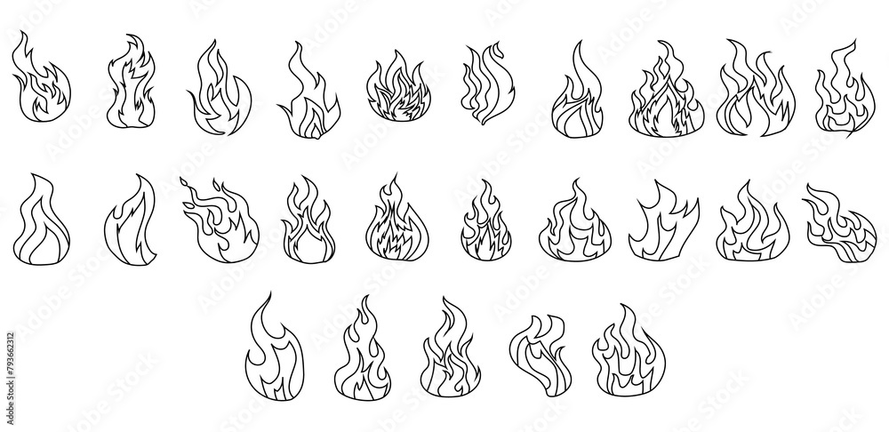 Burning fire outline icons isolated on transparent background. Stock ...