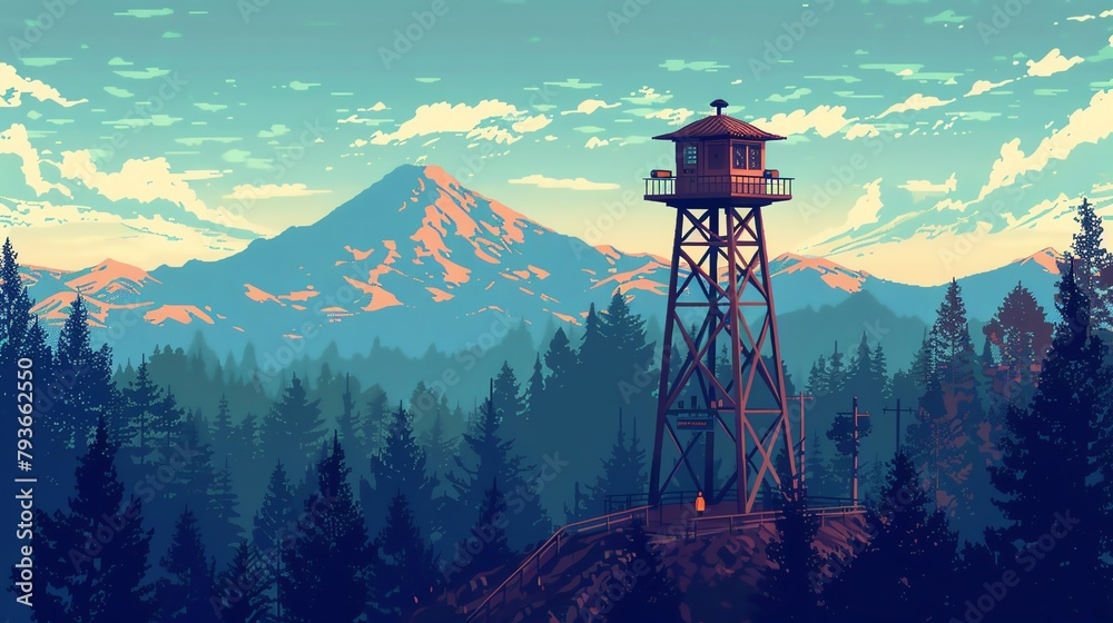 Pixelated forest fire lookout tower, ranger, binoculars, and expansive ...