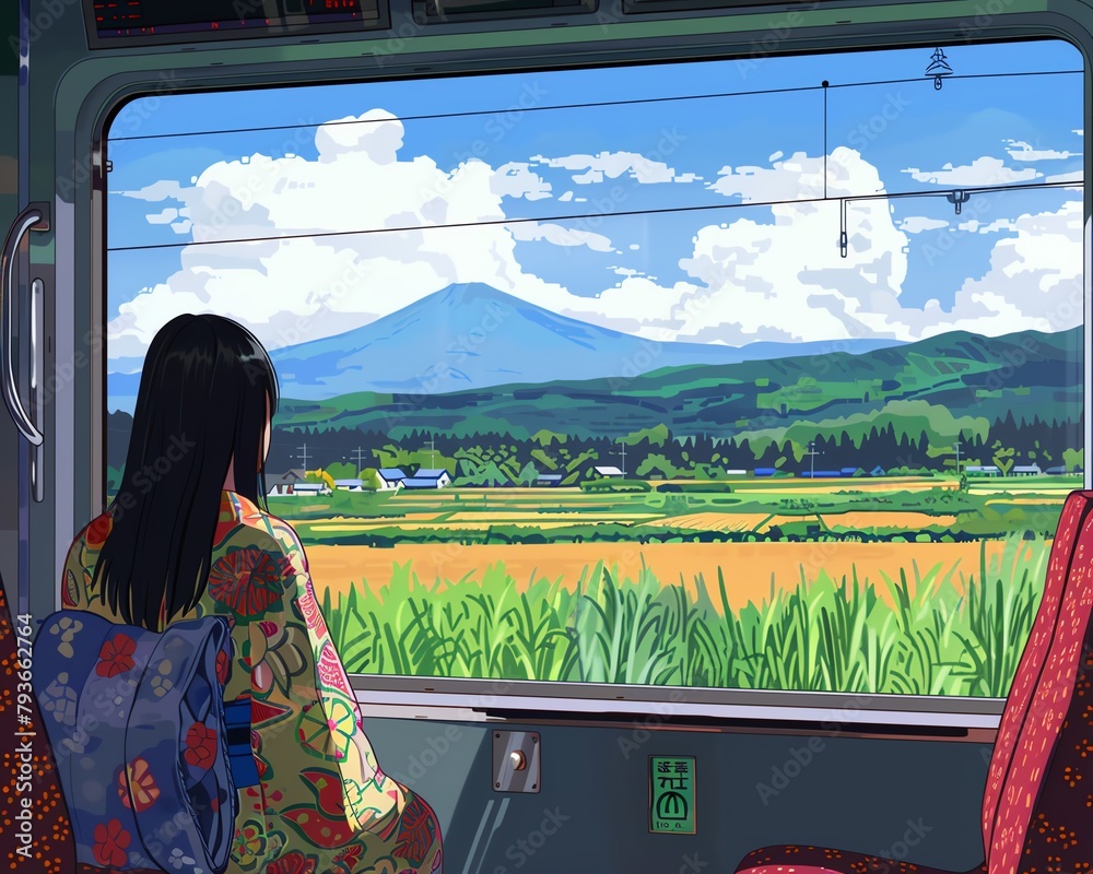Pixelated Japanese girl on a bullet train, countryside zipping by ...