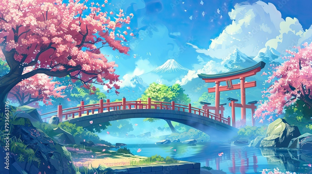 japanese landscape with anime style backgrounds Stock Illustration ...