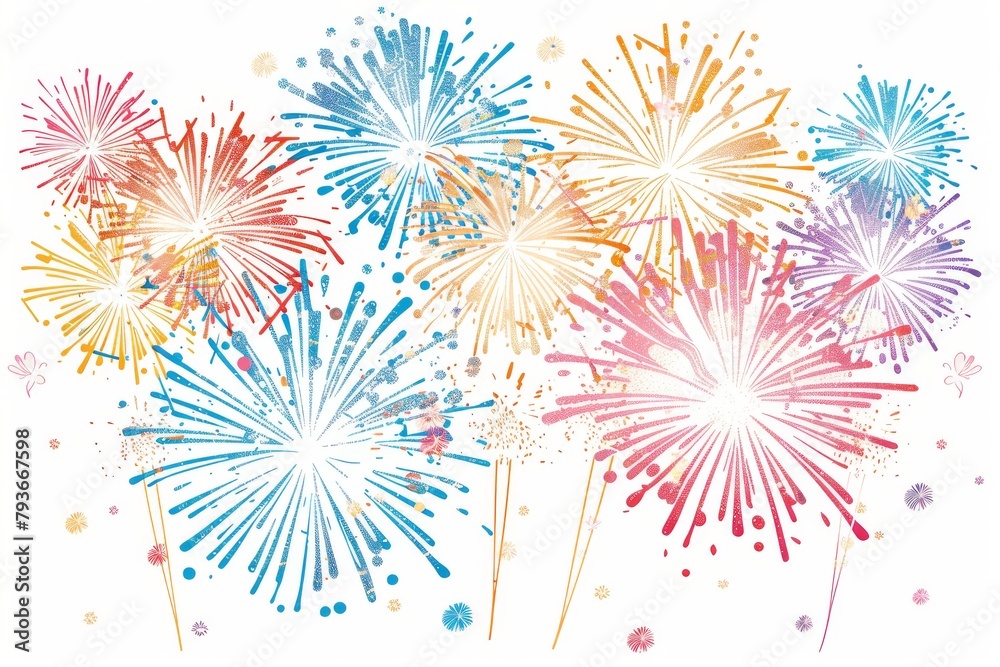 A colorful fireworks display with a white background. The fireworks are ...