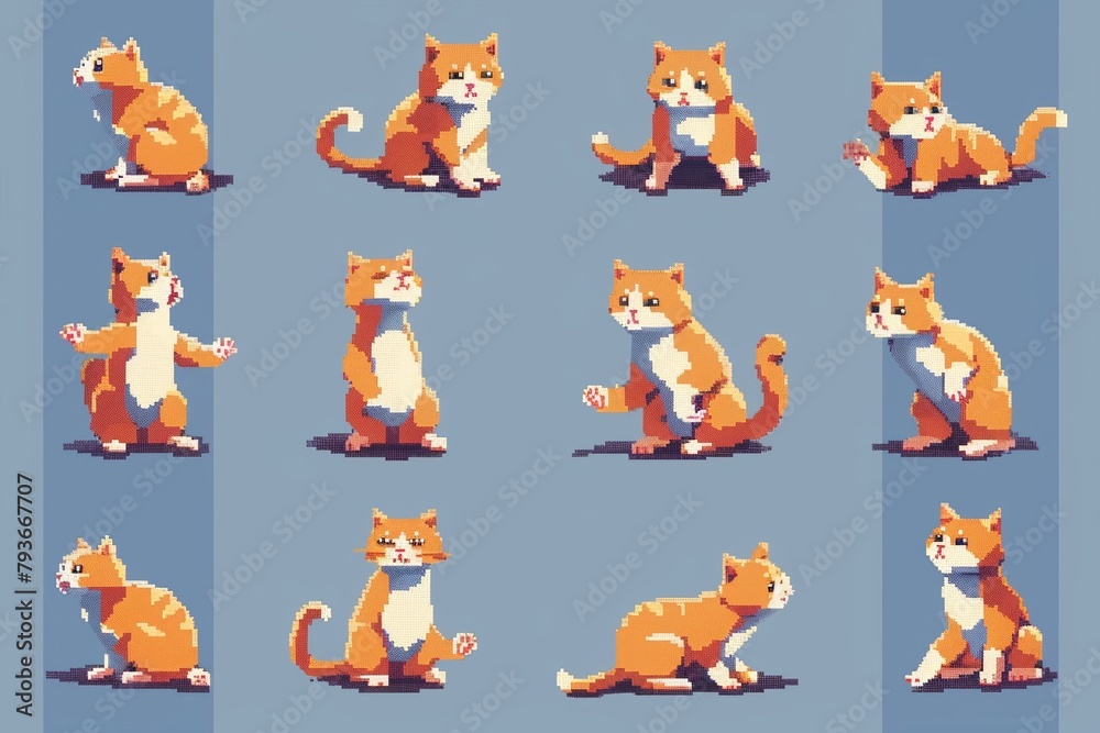 Pixel art characters of pixelated cats in various playful poses. Stock ...