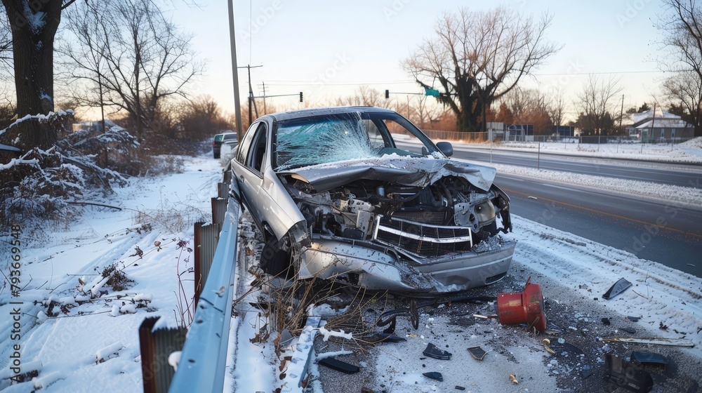 Against the backdrop of a mangled guardrail, the car crash aftermath ...