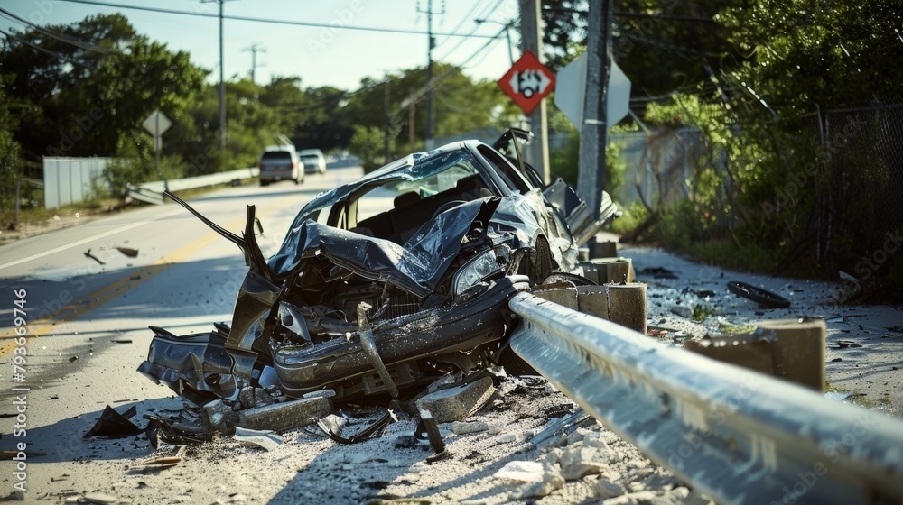 Against the backdrop of a mangled guardrail, the car crash aftermath ...