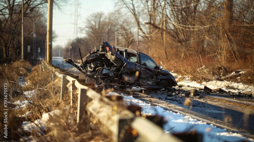 Against the backdrop of a mangled guardrail, the car crash aftermath ...