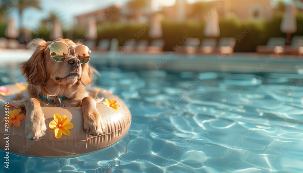 Dog on vacation in swimming pool wearing sun glasses in a resort ...