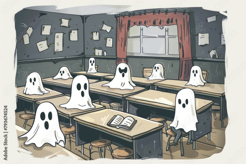 Cartoon cute doodles of ghostly teachers giving lessons to a classroom ...