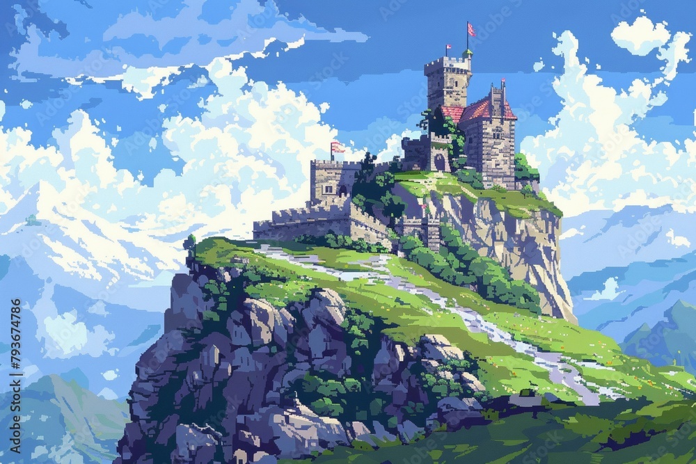 Pixel art of a pixelated castle that sits on a pixelated hill. Stock ...