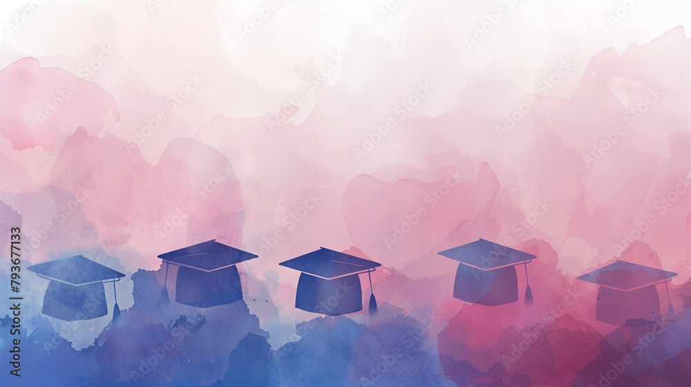 Pastel Dreamscape of Graduation - Watercolor Wash with Silhouetted Caps ...