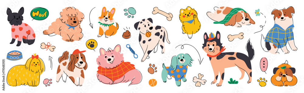 Set of cute dogs clipart vector. Lovely dog and friendly puppy doodle ...