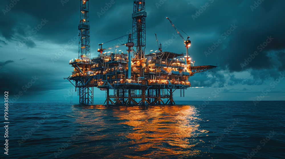 Oil platform at night. Offshore Jack Up Rig in The Middle of The Sea ...