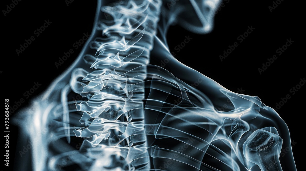 This photo depicts an x-ray image showcasing the back view of a human ...