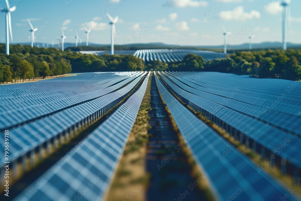A landscape with wind turbines and solar panels generating clean, renewable energy, illustrating ...