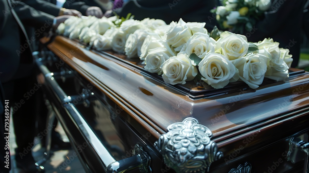 Elegant funeral casket adorned with white roses during a solemn ...