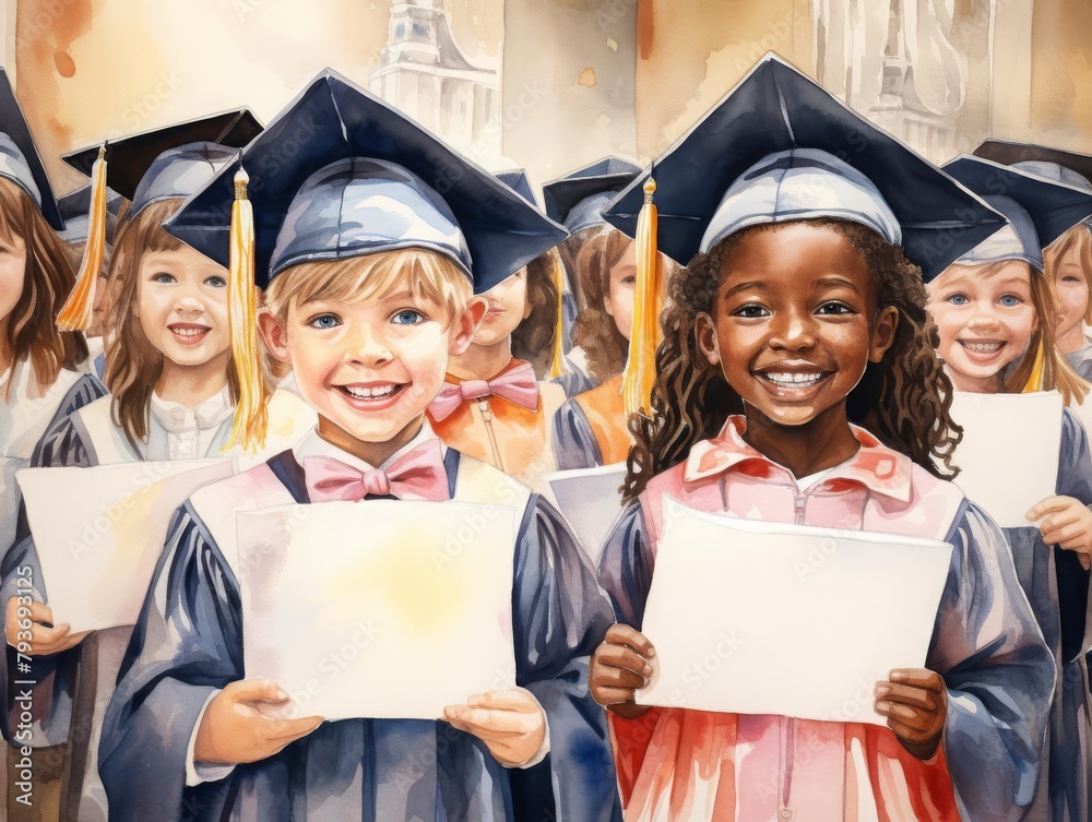 Kindergarten graduation featuring small children in mini gowns and ...