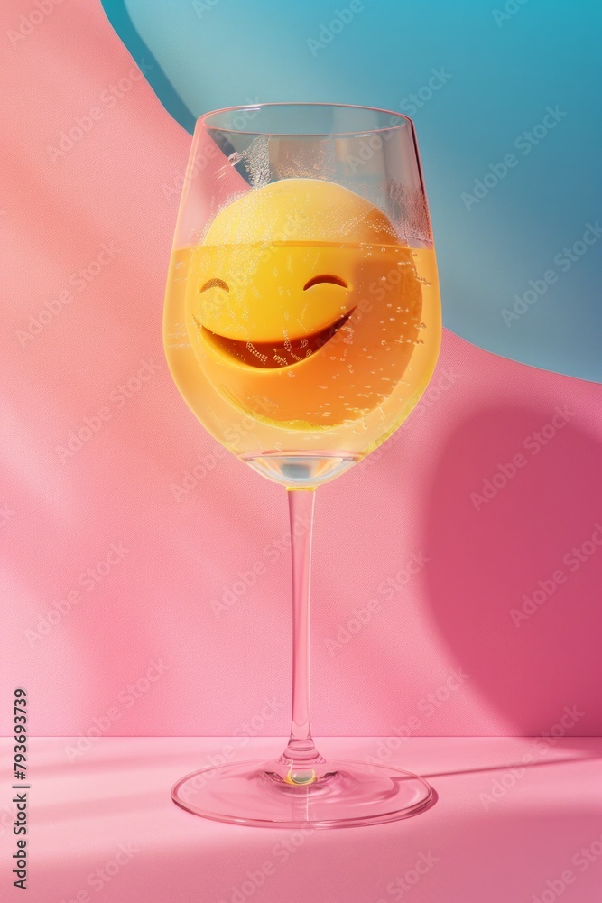 A playful winking emoji submerged in effervescent yellow liquid in a ...