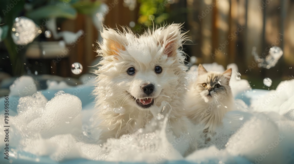 A fluffy Samoyed puppy excitedly splashes in a kiddie pool filled with ...
