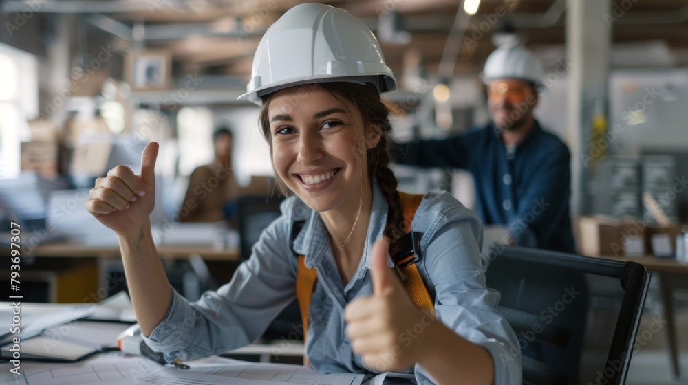 Thumbs up, success, and hand emoji of architect business woman or ...