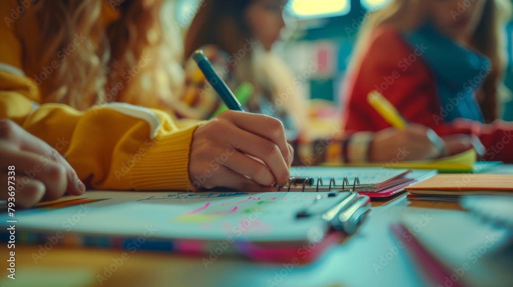 Team meeting, planning, and note-taking during an office creative ...