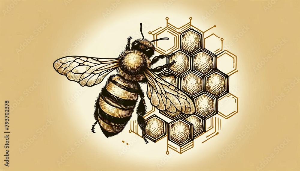 A drawing of a bee with its wings spread out over a honeycomb, Honey ...