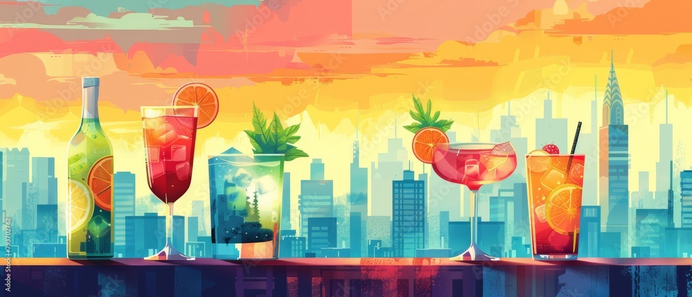 Urban summer rooftop bars sales banner, border of cityscapes and ...