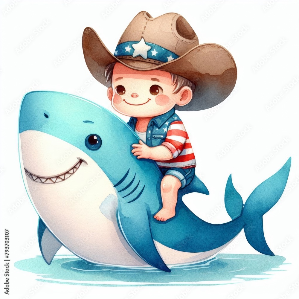 Sharks Father and Son. Patriotic with American Flag. Watercolor 4th ...