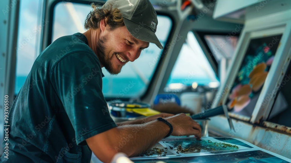 Marine biologist on a boat, adventurous, examining marine life samples ...